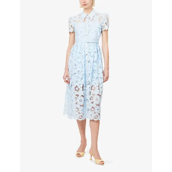 SELF-PORTRAIT Embroidered Belted Woven Midi Dress