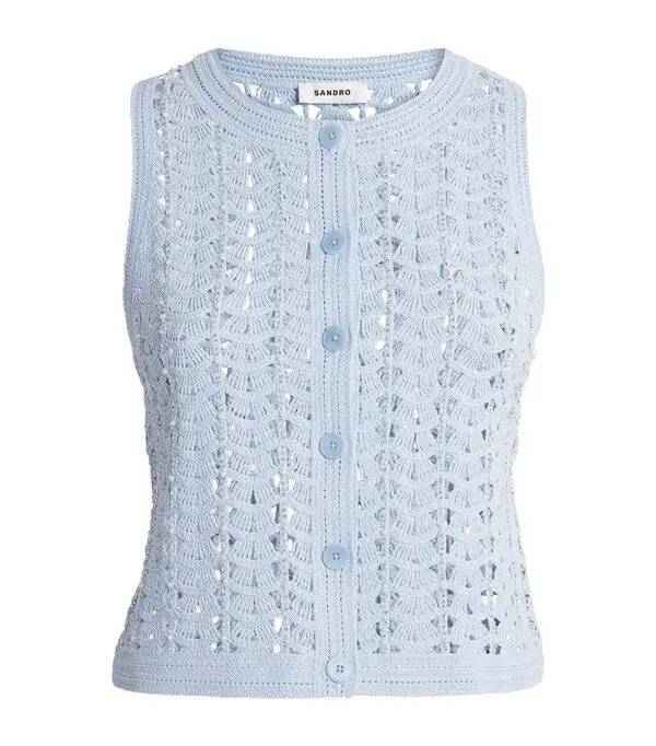 Sandro Openwork Crochet Sleeveless Cardigan - Blue