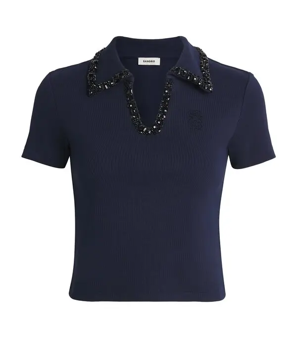 Sandro Stretch-cotton Embellished Polo Top - Blue