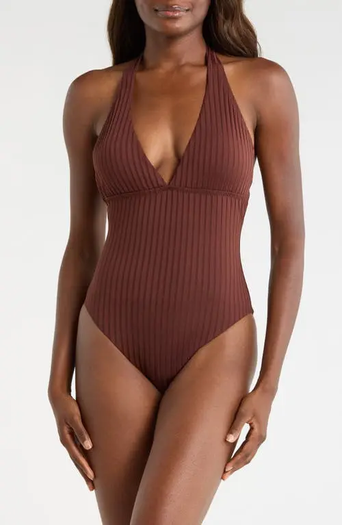 Sanctuary Halter Rib One-piece Swimsuit - Espresso