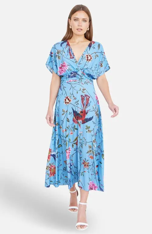 YUMI Bird And Floral Print Midi Dress - Blue