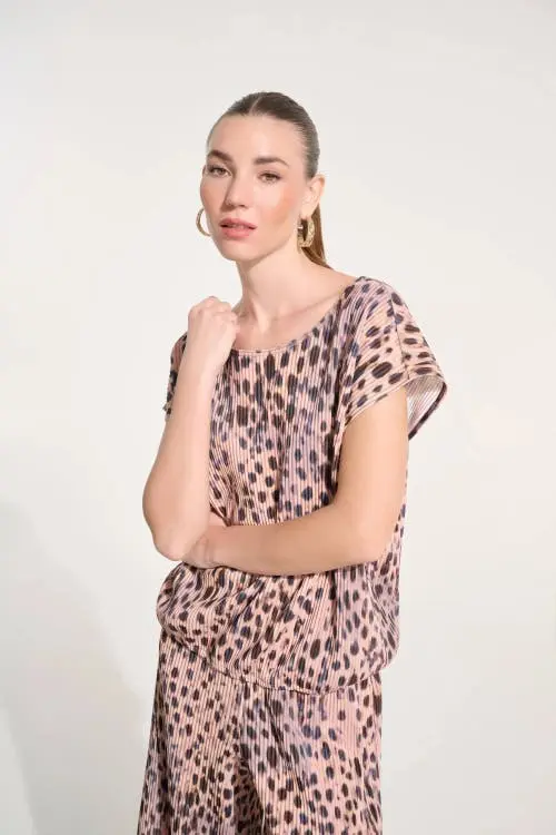 Joseph Ribkoff Pleated Scuba Crepe Animal Print Top - Beige/multi