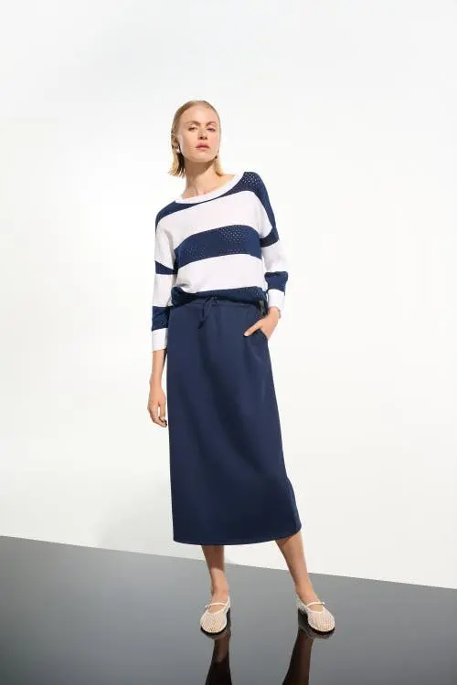Joseph Ribkoff Cotton-blend Striped Pointelle Crewneck Sweater
