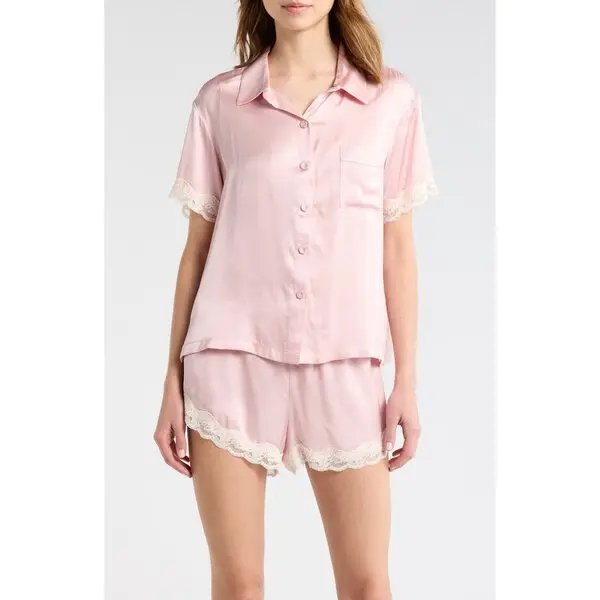 PAPINELLE Annabelle Satin Lace Trim Short Pajamas - Papinelle Pink