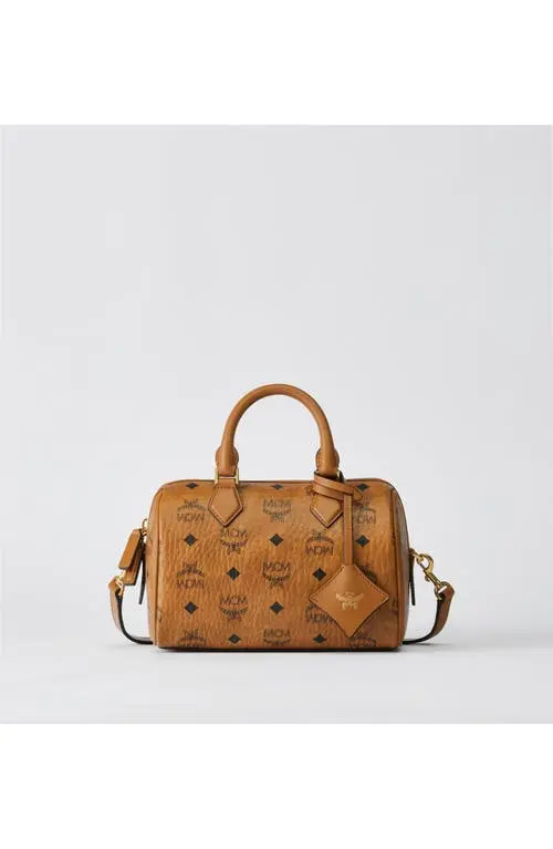 Mcm Ella Boston Bag In Maxi Visetos - Cognac