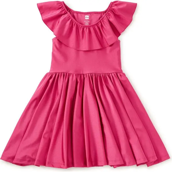 TEA COLLECTION Shiny Ruffle Neck Dress - Fuchsia