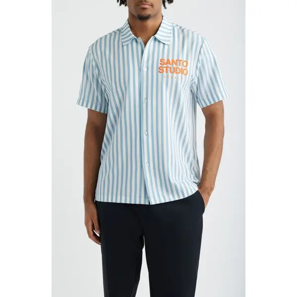 SANTO STUDIO Que Sera Sera Stripe Short Sleeve Cotton Button-up Shirtryan Sheckler Edition - Blue