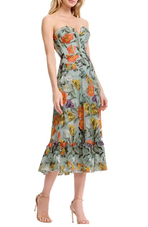 Dress The Population Carina Floral Embroidered Strapless Cocktail Dress - Sage Multi