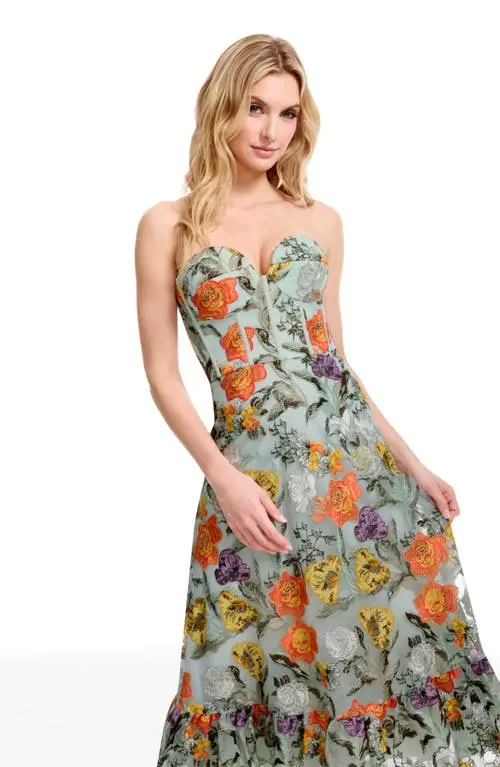 Dress The Population Carina Floral Embroidered Strapless Cocktail Dress - Sage Multi