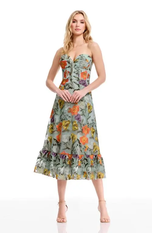 Dress The Population Carina Floral Embroidered Strapless Cocktail Dress - Sage Multi