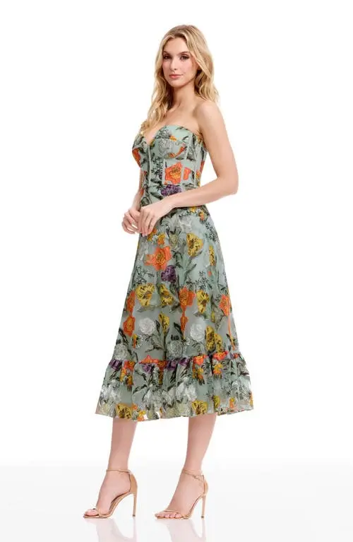 Dress The Population Carina Floral Embroidered Strapless Cocktail Dress - Sage Multi