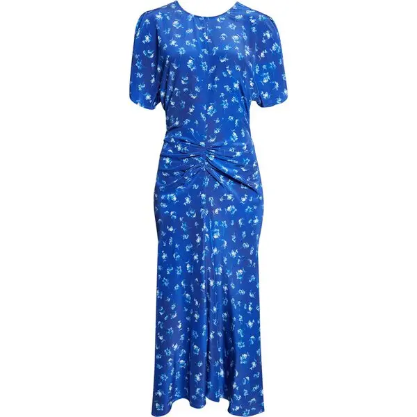 Victoria Beckham Bela Floral Ruched Silk Midi Dress - Cyanotype Flower Indigo
