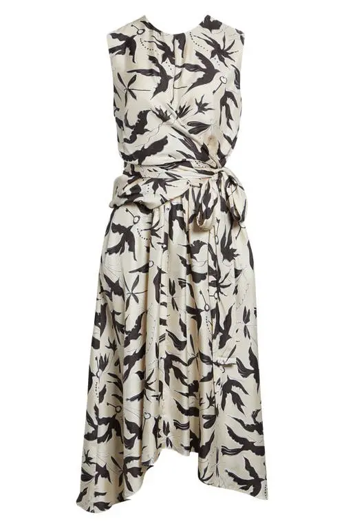 Altuzarra Penny Bird Print Draped Asymmetric Silk Dress - 378172 Tapioca Bird