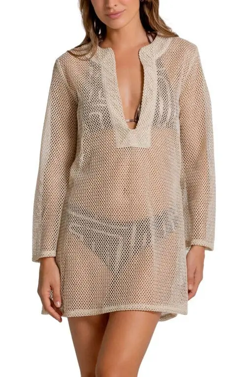 Cosita Linda Metallic Long Sleeve Sheer Open Stitch Cover-up Minidress - Vanilla Custard