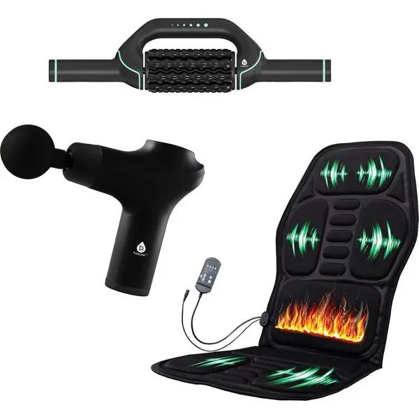 PURSONIC Ultimate Relaxation Bundle Heated Chair Mat, Rolling Massager - Black
