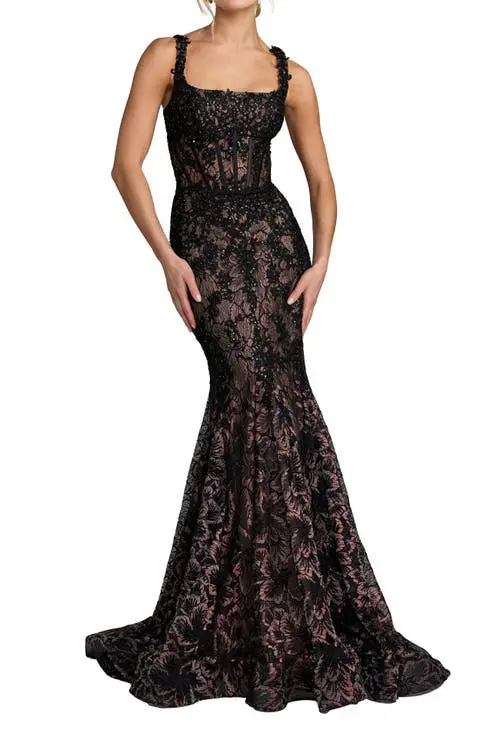 Mac Duggal Embellished Mesh Trumpet Gown - Black