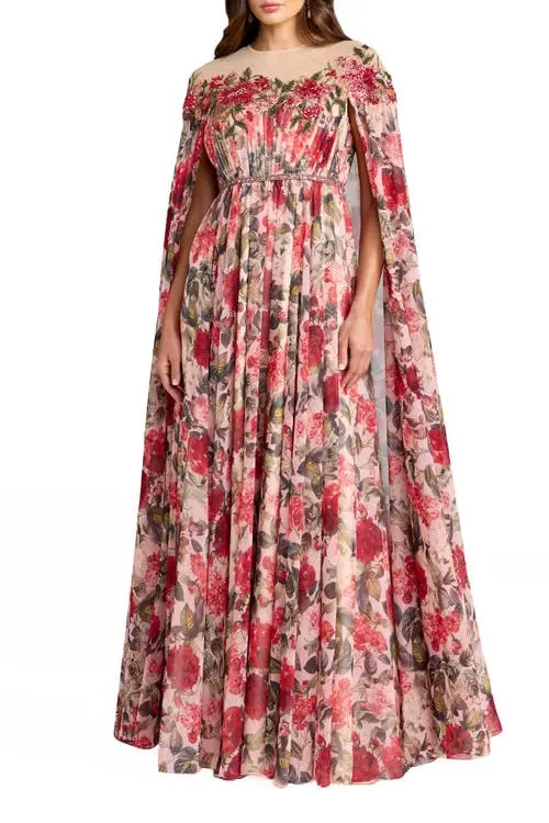 Mac Duggal Floral Printed Chiffon Cape Gown - Rose Multi
