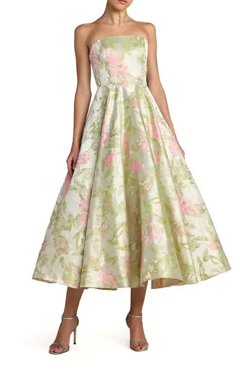 Mac Duggal Floral Brocade Strapless A-line Midi Dress