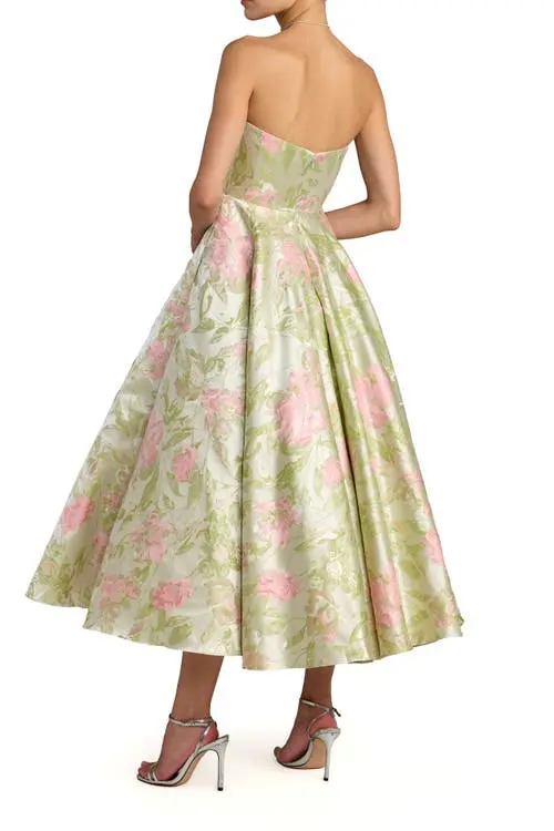 Mac Duggal Floral Brocade Strapless A-line Midi Dress