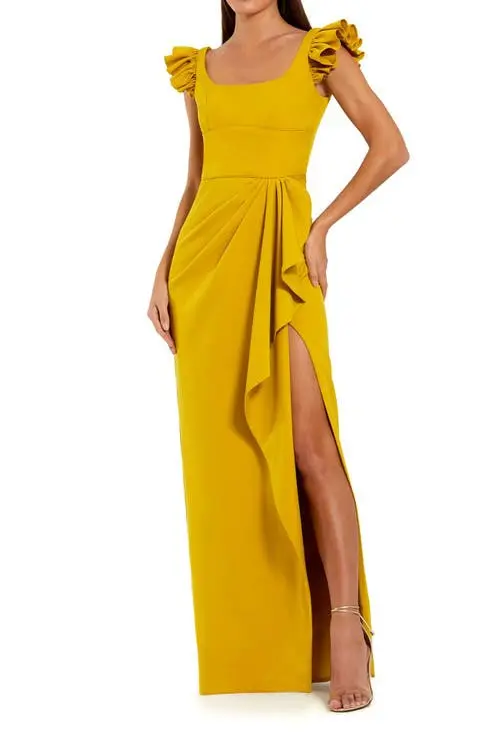 Mac Duggal Ruffle Strap Ruched High-slit Column Gown