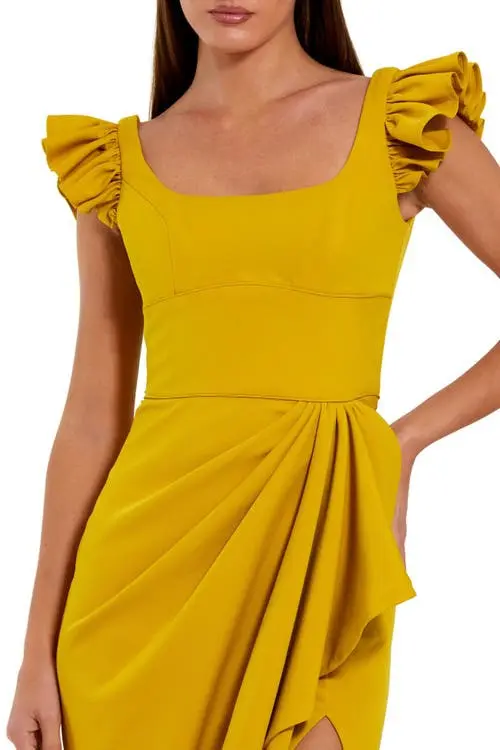Mac Duggal Ruffle Strap Ruched High-slit Column Gown