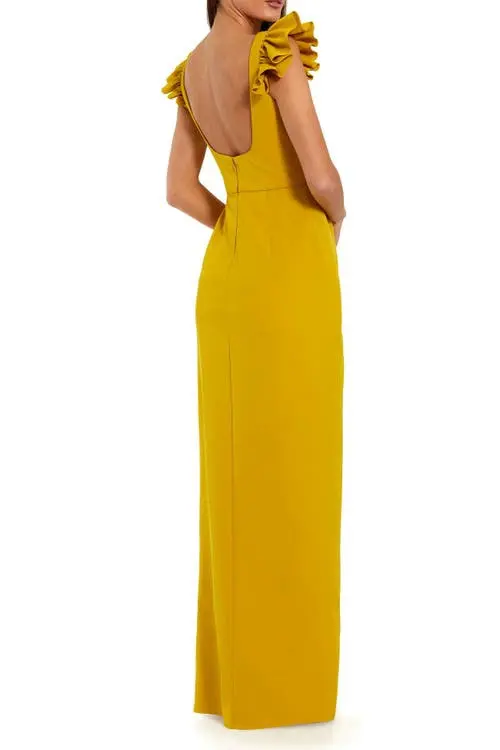 Mac Duggal Crepe Column Gown With Ruffle Detail - Chartreuse