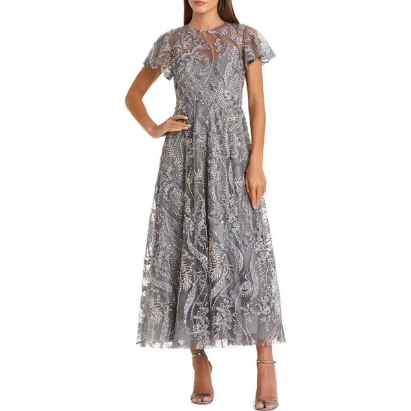 Mac Duggal Floral Embroidered Mesh Ankle Dress - Charcoal
