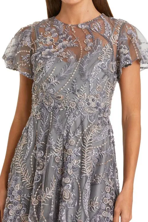 Mac Duggal Floral Embroidered Mesh Ankle Dress - Charcoal