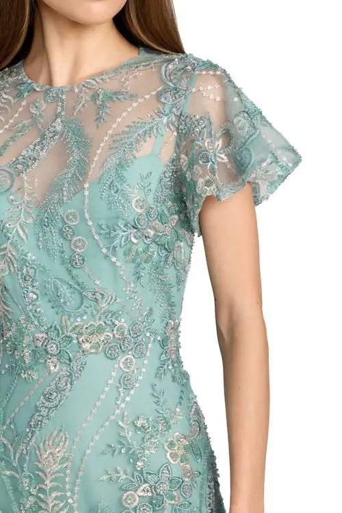 Mac Duggal Floral Embroidered Mesh Ankle Dress