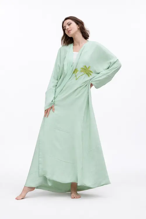LE FAFO Palm Embroidered Silk Kaftan - Green