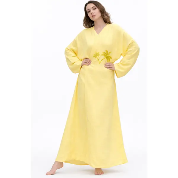 LE FAFO Palm Embroidered Silk Kaftan - Yellow