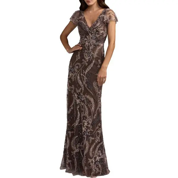 Mac Duggal V-neck Flutter Sleeve Embroidered Lace Evening Gown - Chocolate
