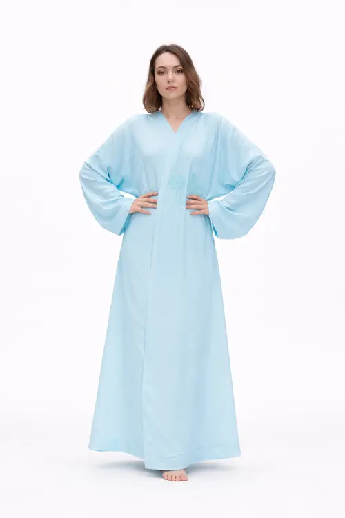 LE FAFO Palm Embroidered Silk Kaftan - Tiffany Blue