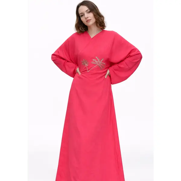 LE FAFO Palm Embroidered Silk Kaftan - Red
