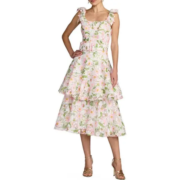Mac Duggal Lace Tiered Ruffle Midi Dress With Belt - White Multi
