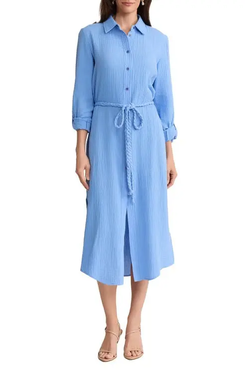 Jones New York Braided Belt Long Sleeve Cotton Gauze Midi Shirtdress - Blue Horizon