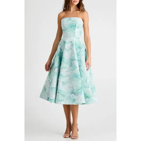 HELSI Vivi Bead Detail Print Strapless Cocktail Midi Dress - Seafoam