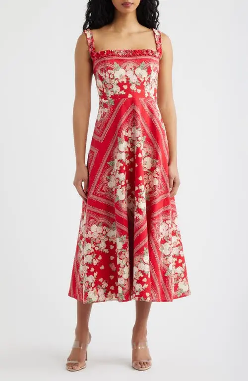 WAYF Arabella Floral Linen Blend Midi Dress - Red Scarf