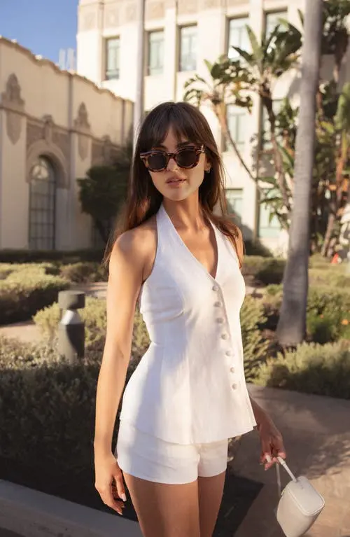 WAYF Paloma Button-up Peplum Halter Top - Ivory