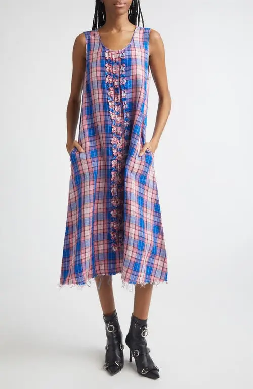 R13 Frayed Ruffle Plaid Midi Dress - Blue Pink Plaid