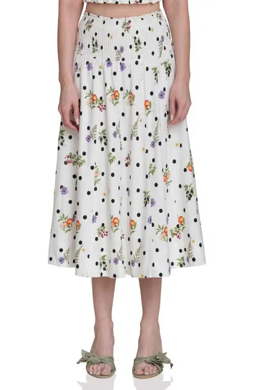 Avec Les Filles Flower & Polka Dot Smocked Waist Midi Skirt - Cream Scattered Botanical