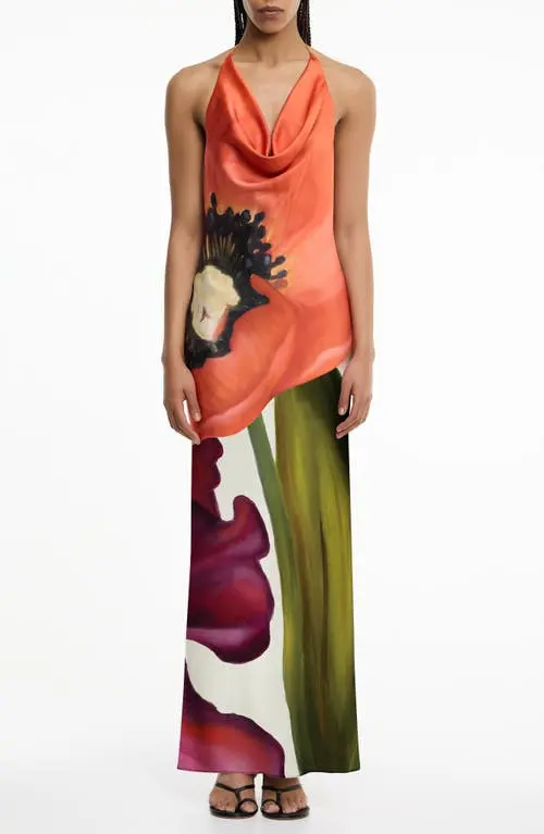 Significant Other Derby Cowl Neck Open Back Satin Maxi Cocktail Dress - Poppy Botanic