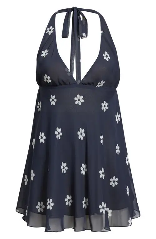 BELLA VENICE Daisy Print Halter Neck Mini Dress - Navy