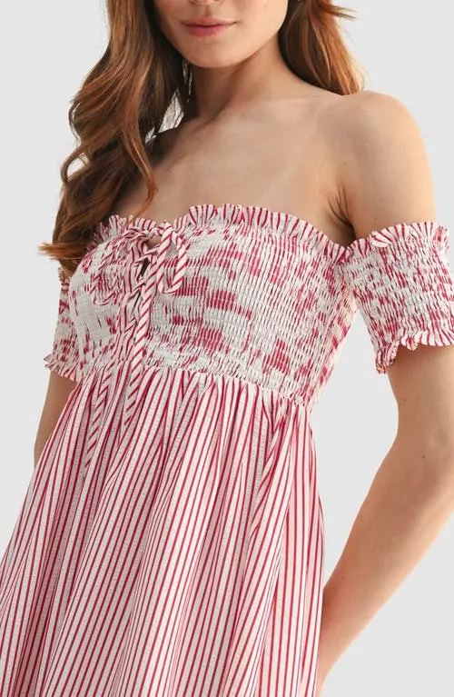 ALL IN FAVOR Striped Smocked Off-the-shoulder Midi Dress