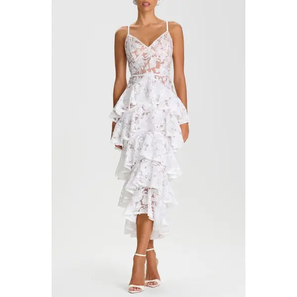 NADINE MERABI Saffron Lace Ruffle Tiered Cocktail Sheath Dress - White