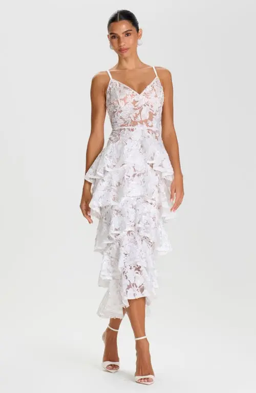 NADINE MERABI Saffron Lace Tiered Cocktail Sheath Dress