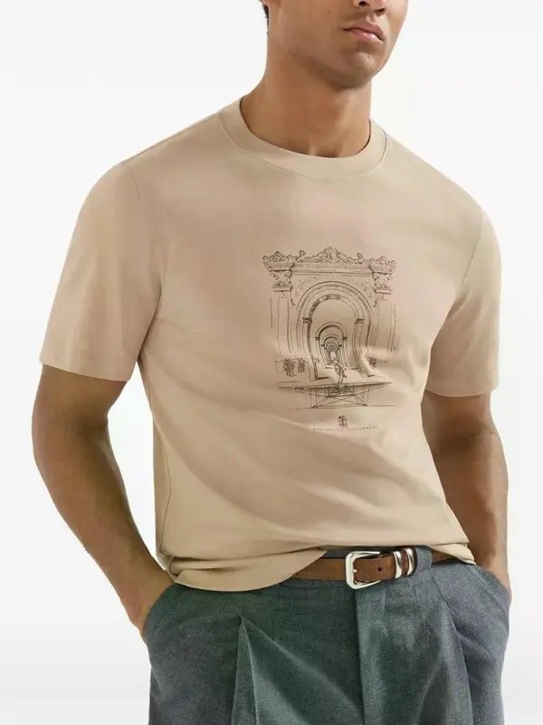 Brunello Cucinelli Cotton Interlock Crew-neck T-shirt With Print - Neutrals