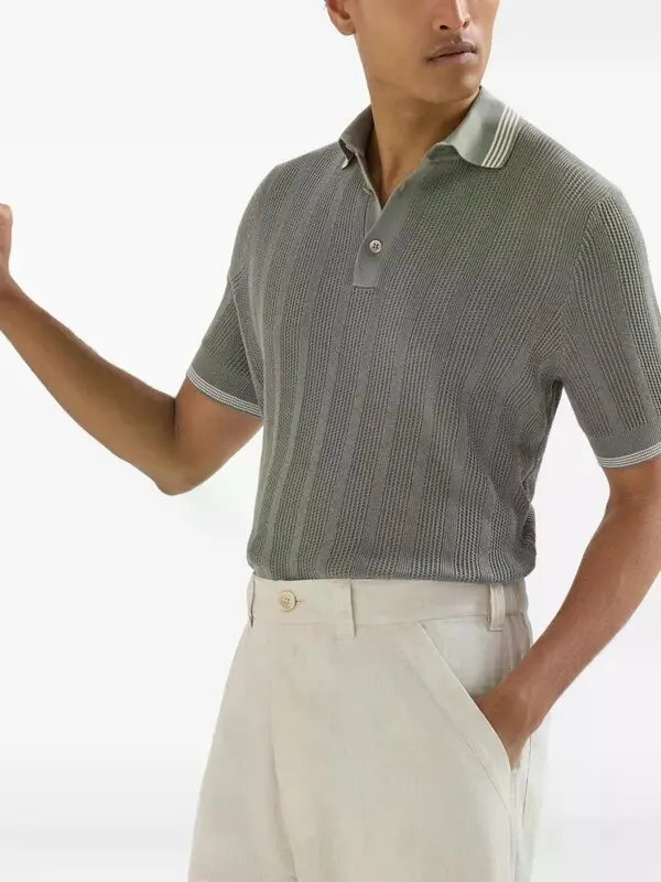 Brunello Cucinelli Cotton Textured Rib Knit Polo - Grey