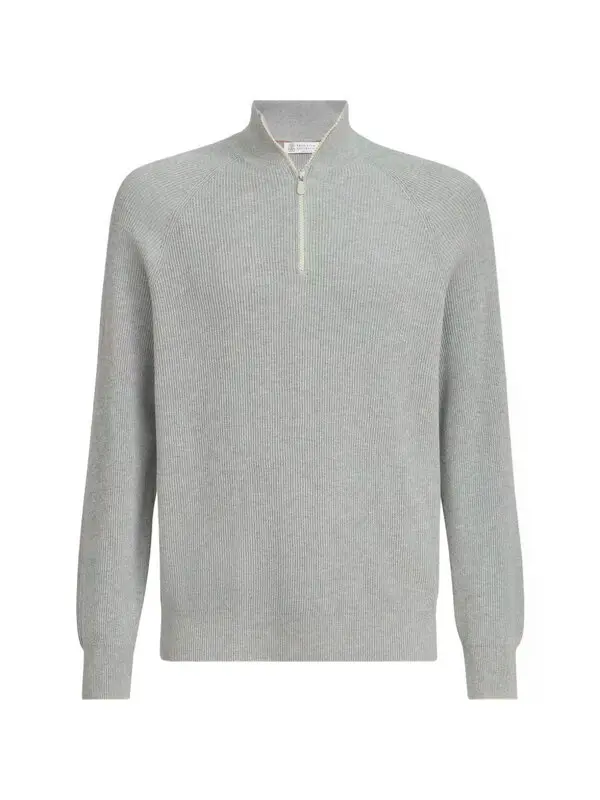 Brunello Cucinelli Cotton English Rib Sweater With Half Zip And Raglan Sleeves - Grey
