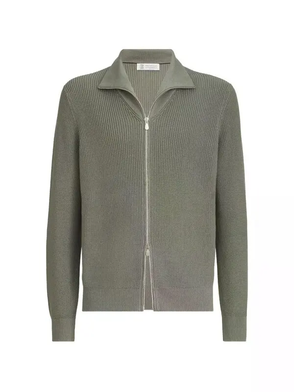 Brunello Cucinelli Cotton Half English Rib Cardigan With Zipper - Green